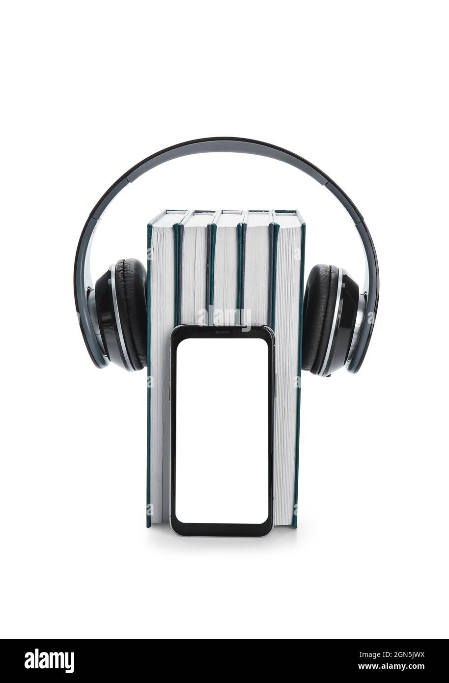 Modern headphones, mobile phone and books on white background Stock ...
