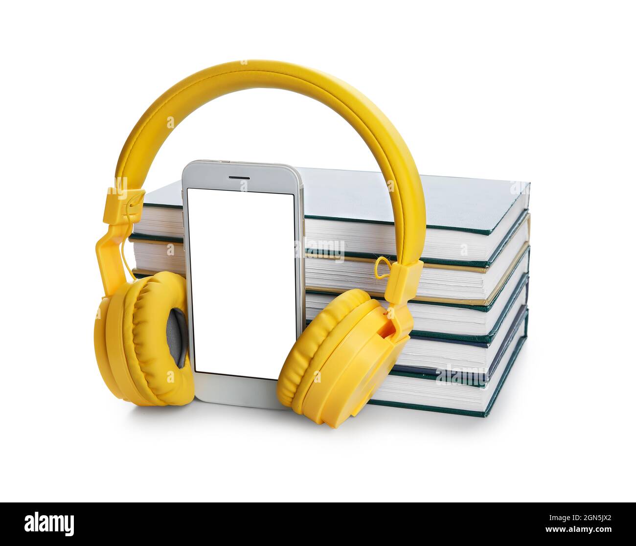 Modern headphones, mobile phone and books on white background Stock ...