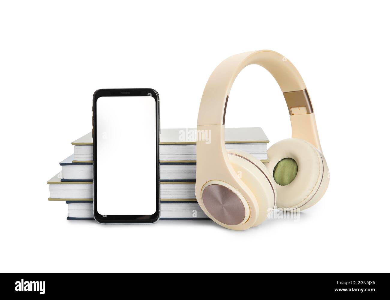 Modern headphones, mobile phone and books on white background Stock ...