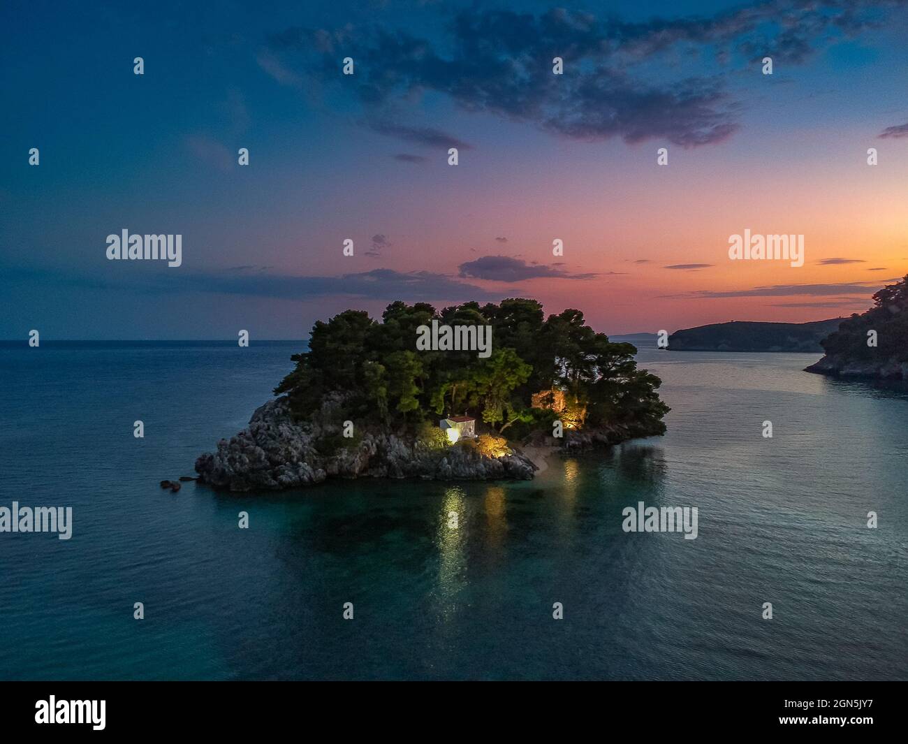 Aerial panoramic cityscape view over Parga coastal city, Epirus, Greece ...