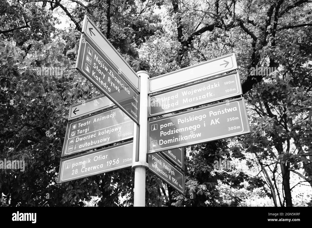 POZNAN, POLAND - Feb 04, 2015: A grayscale shot of a sign showing the ...