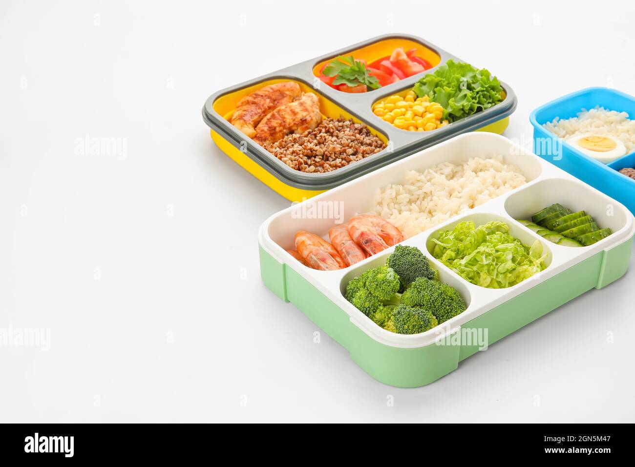 Containers with various healthy food isolated on white background Stock ...