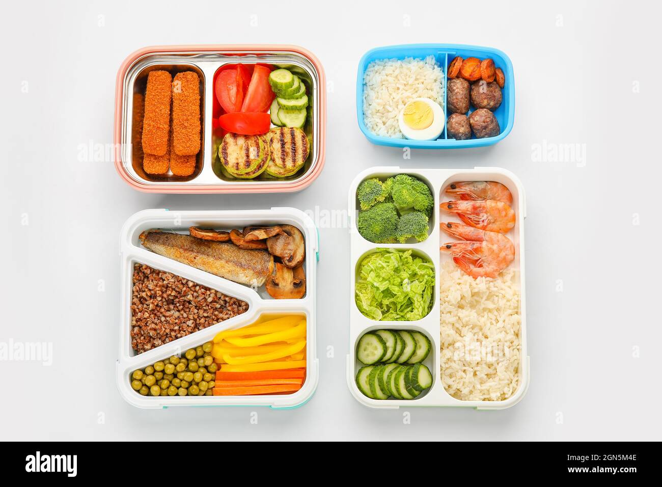 Containers with various healthy food isolated on white background Stock ...