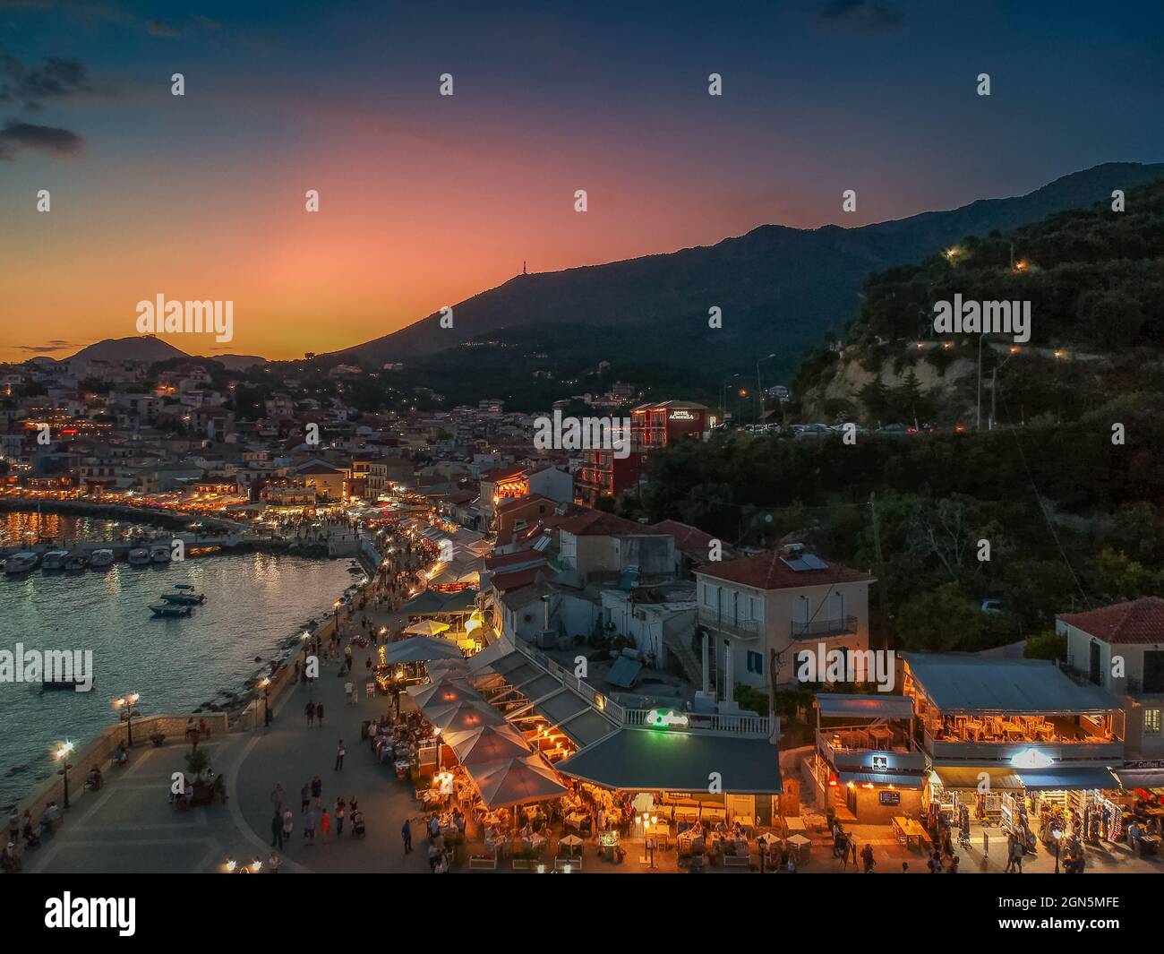 Aerial panoramic cityscape view over Parga coastal city, Epirus, Greece ...