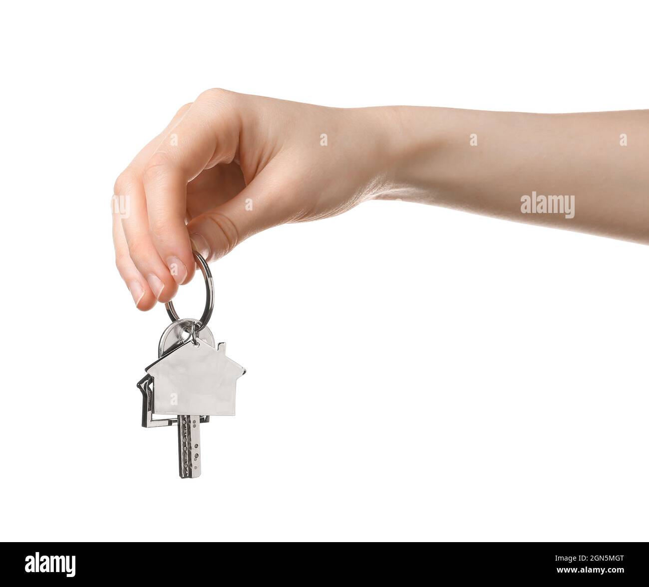 Female hand with key and house shape keychain on white background Stock ...