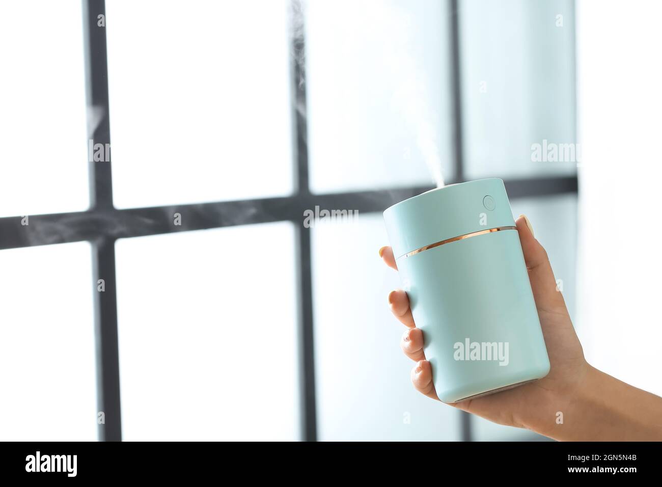 Woman with modern humidifier in room Stock Photo - Alamy