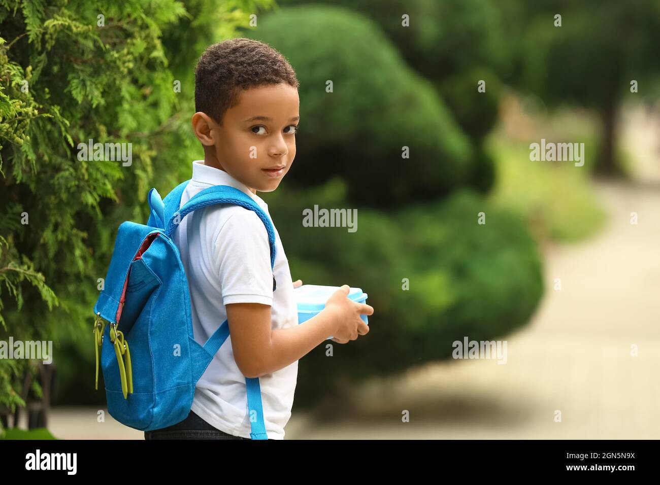 Cute little boy with school lunch box outdoors Stock Photo - Alamy