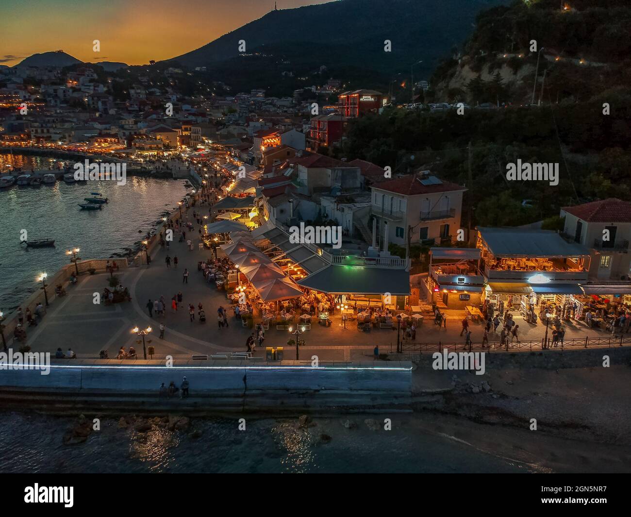 Aerial panoramic cityscape view over Parga coastal city, Epirus, Greece ...