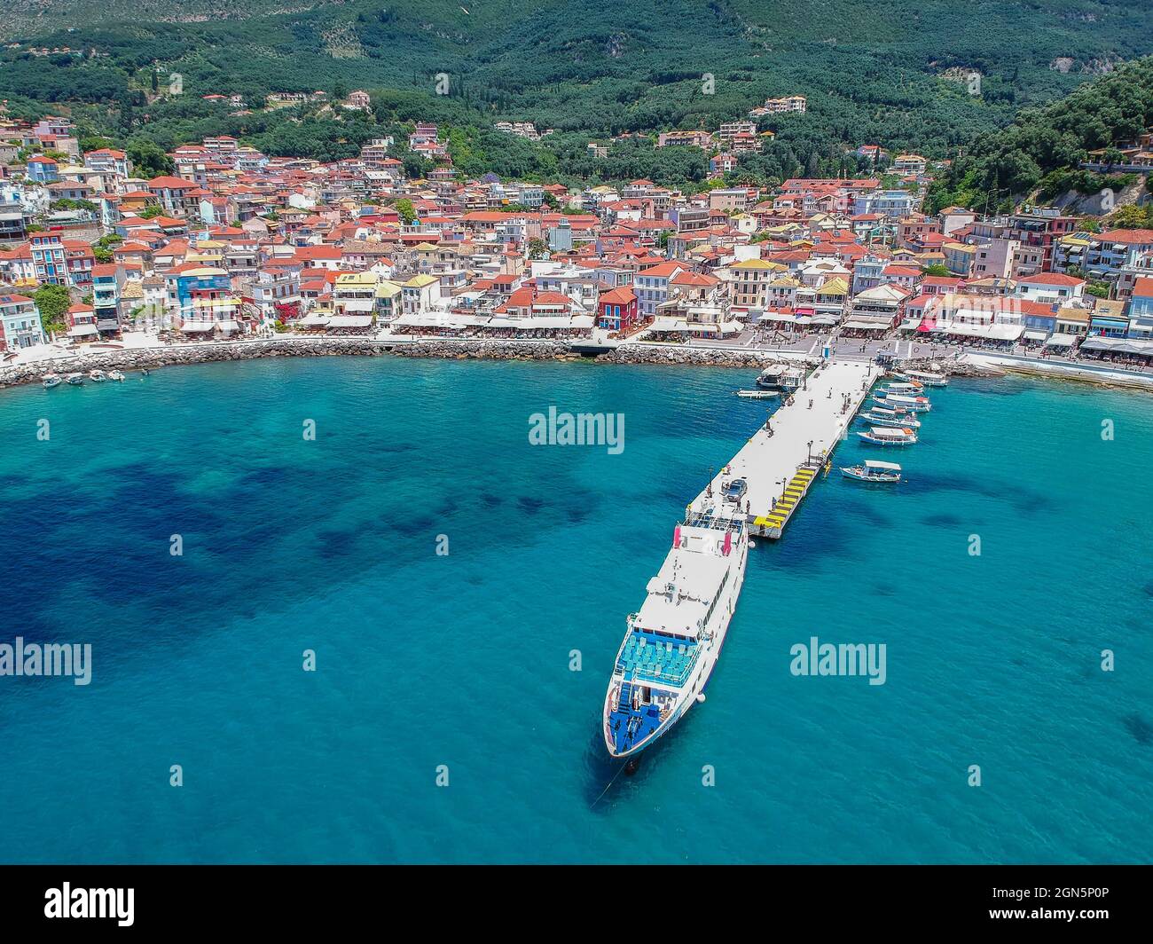 Aerial panoramic cityscape view over Parga coastal city, Epirus, Greece ...