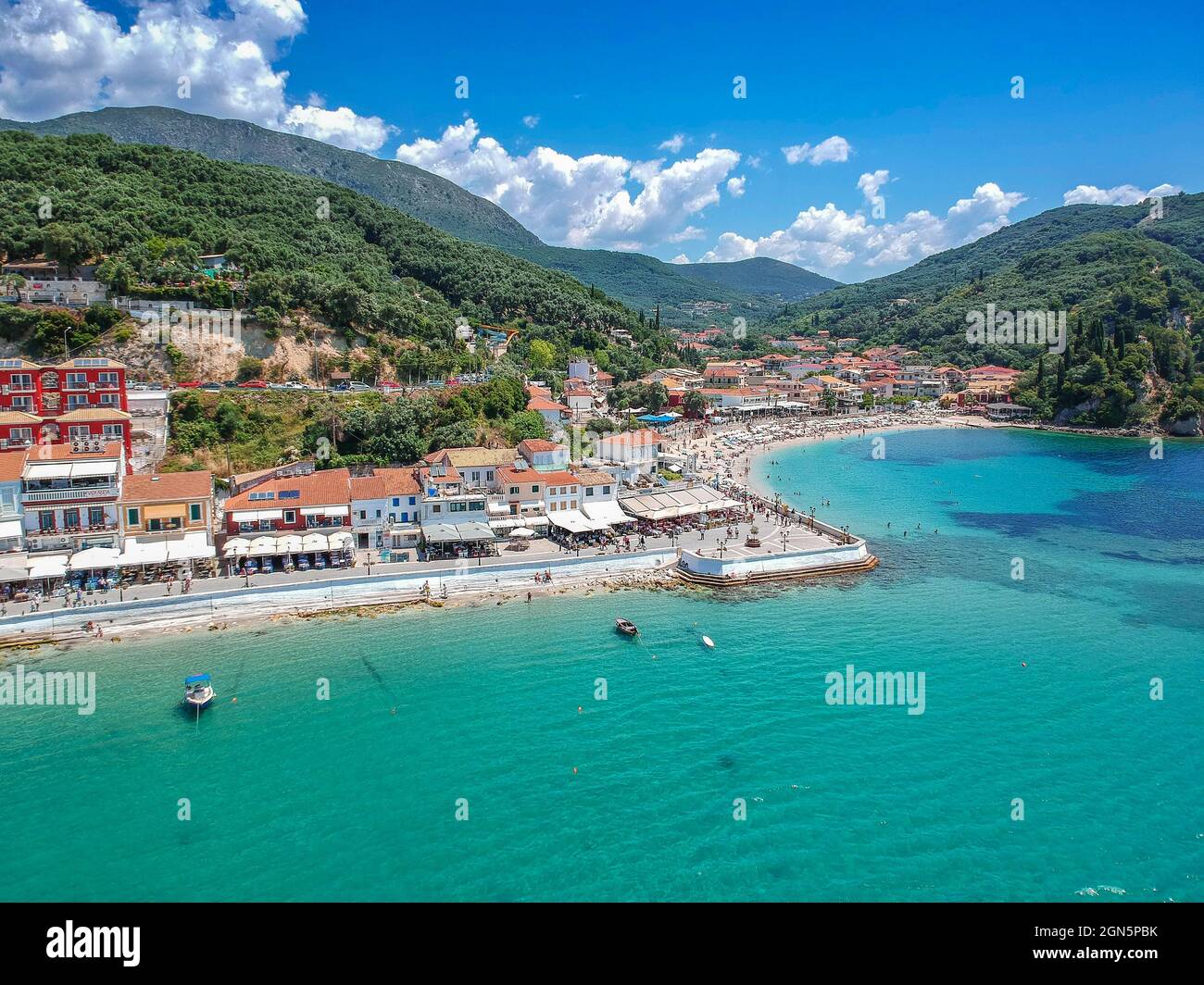 Aerial panoramic cityscape view over Parga coastal city, Epirus, Greece ...