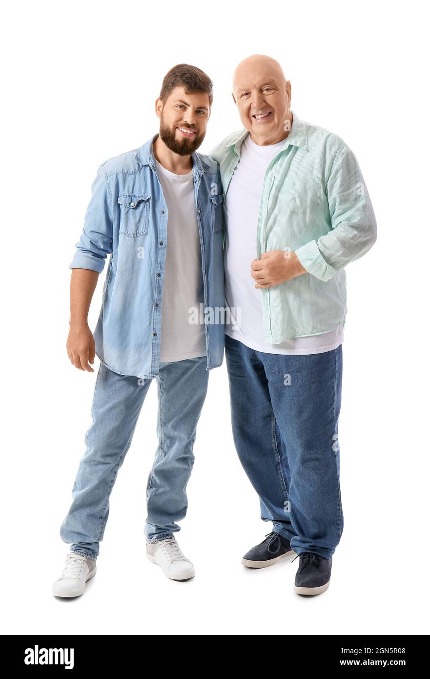 Happy man and his father on white background Stock Photo - Alamy