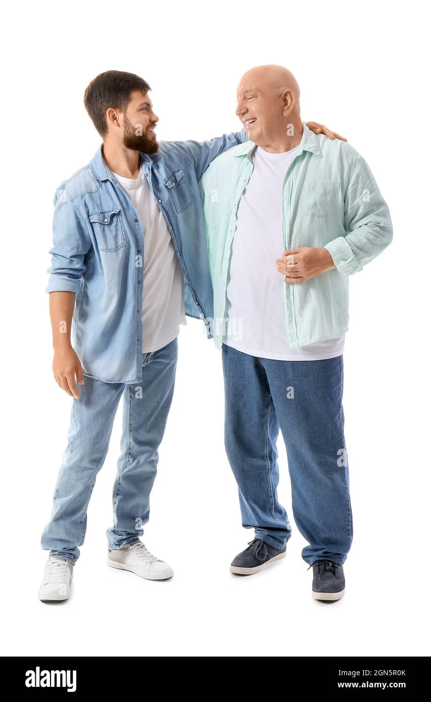 Happy man and his father on white background Stock Photo - Alamy