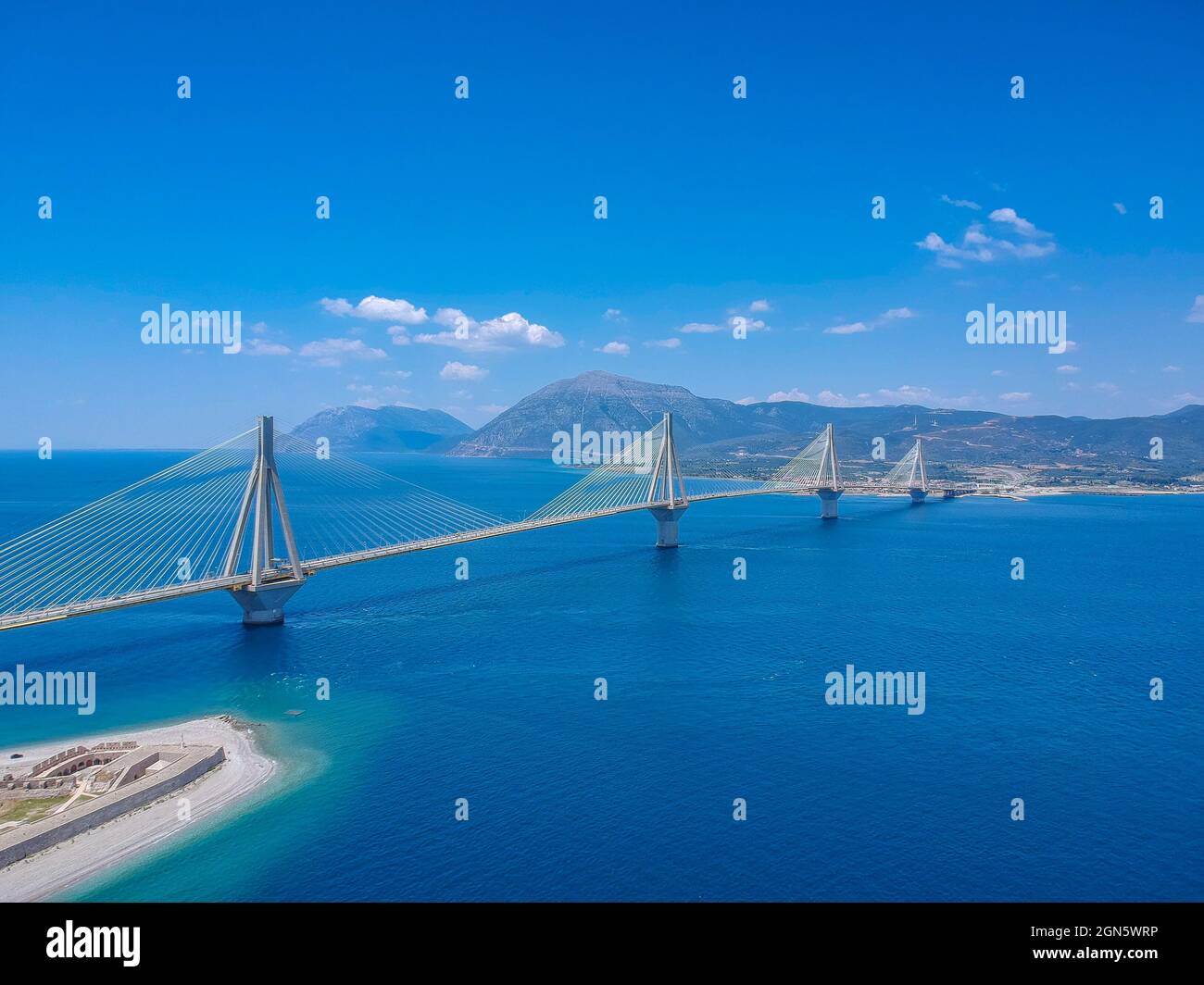 Aerial view of Rio Antirrio or Charilaos Trikoupis Bridge near Patra ...