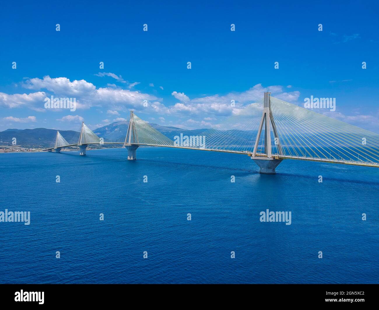 Aerial view of Rio Antirrio or Charilaos Trikoupis Bridge near Patra ...