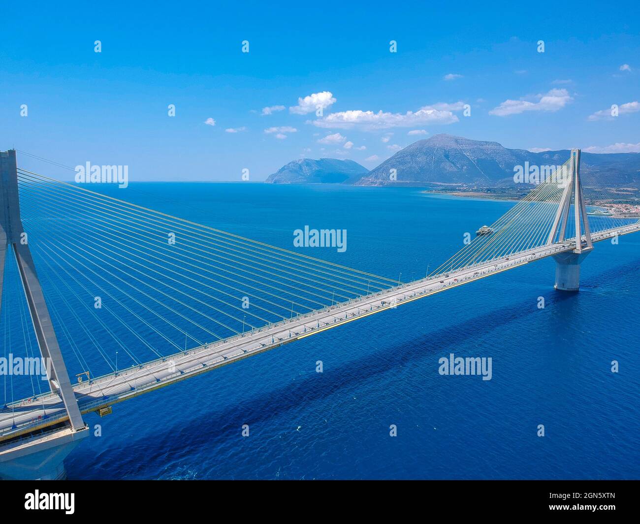 Aerial view of Rio Antirrio or Charilaos Trikoupis Bridge near Patra ...