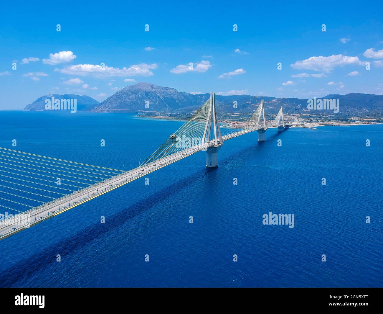 Aerial view of Rio Antirrio or Charilaos Trikoupis Bridge near Patra ...