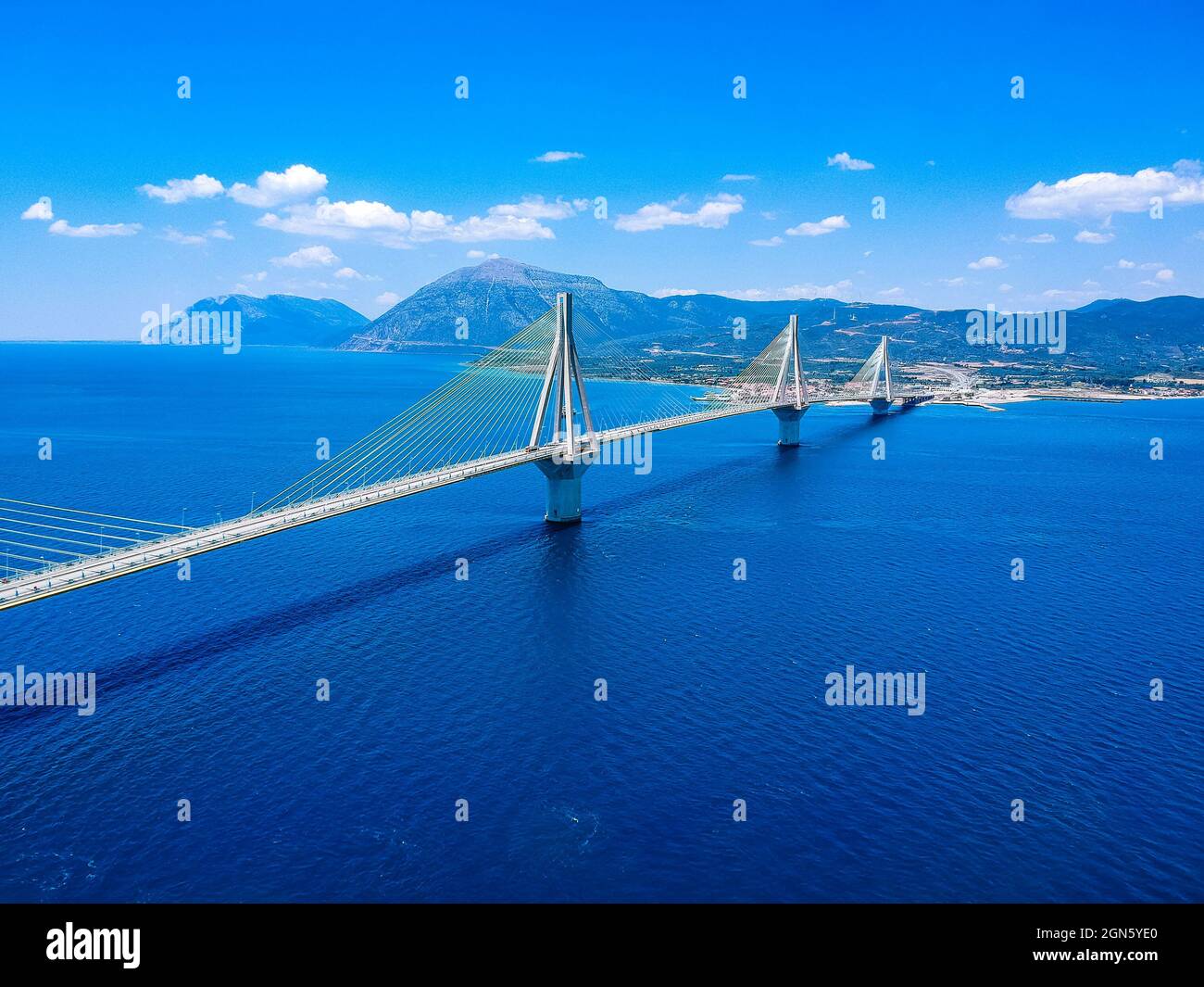 Aerial view of Rio Antirrio or Charilaos Trikoupis Bridge near Patra ...