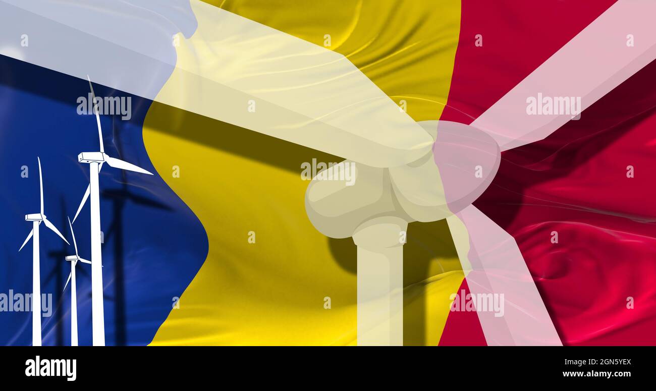 Wind turbines on background of Romania flag. sustainable development ...