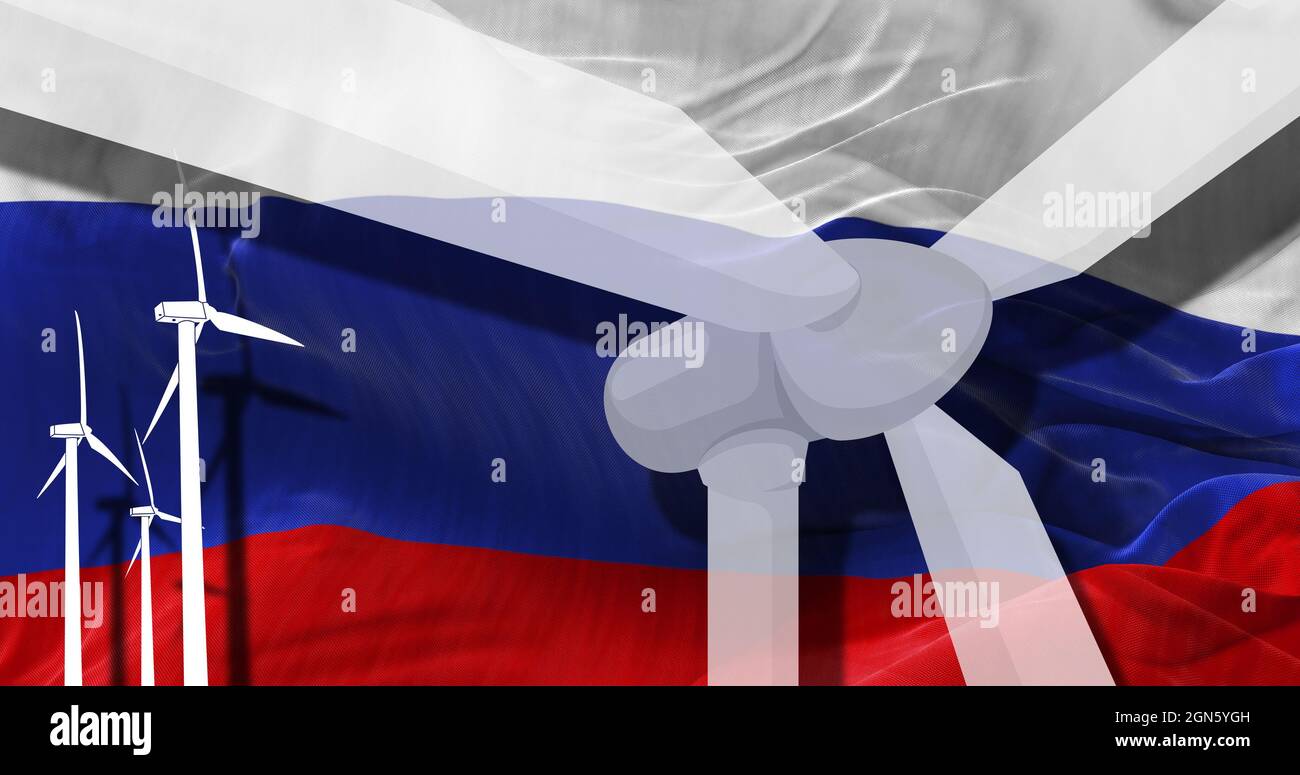 Wind turbines on background of Russia flag. sustainable development ...