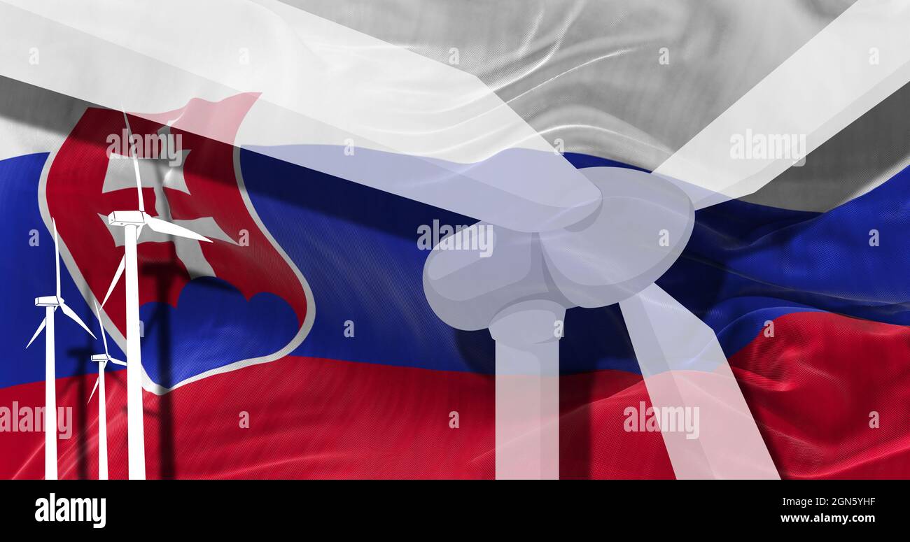 Wind turbines on background of Slovakia flag. sustainable development ...