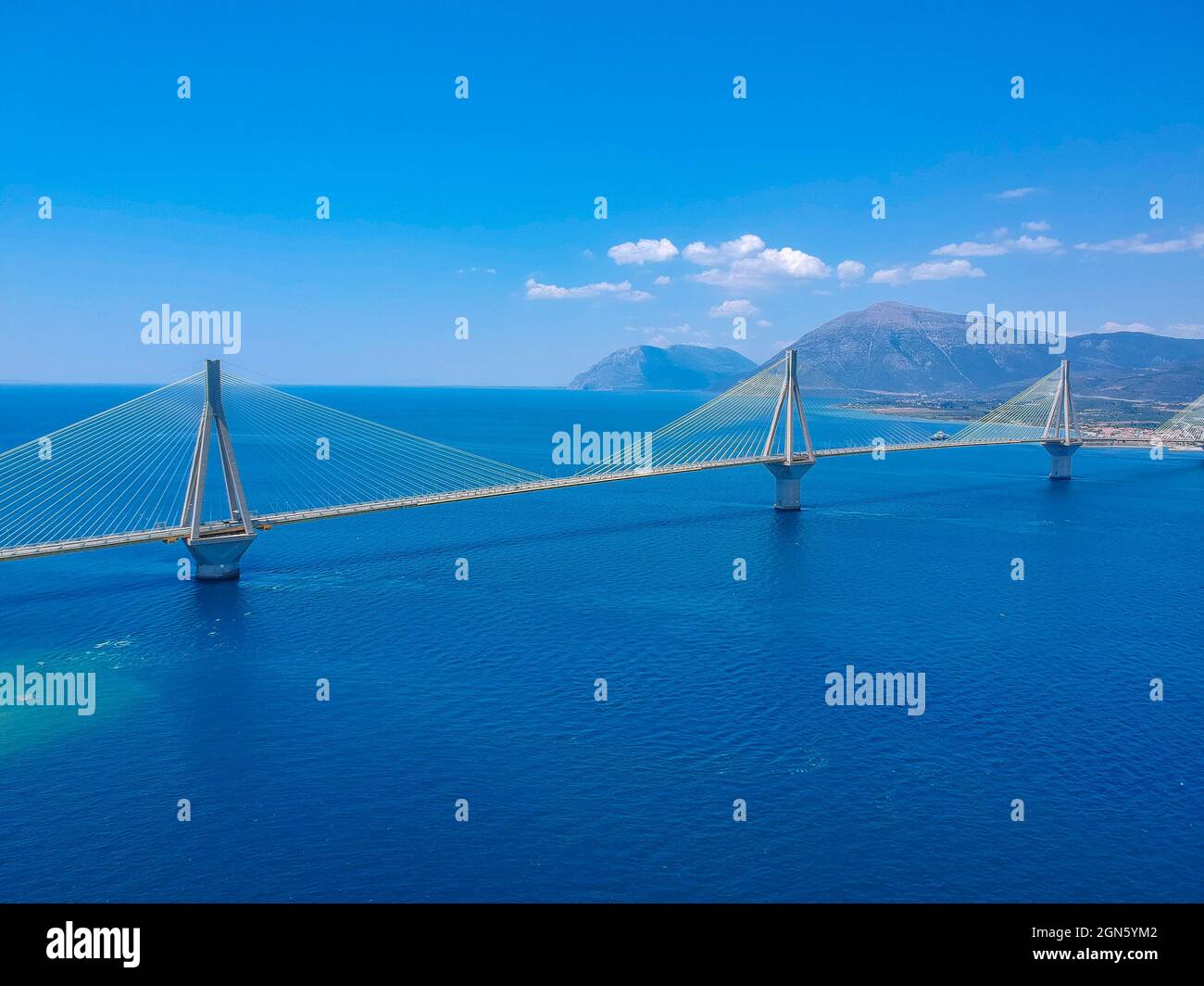 Aerial view of Rio Antirrio or Charilaos Trikoupis Bridge near Patra ...