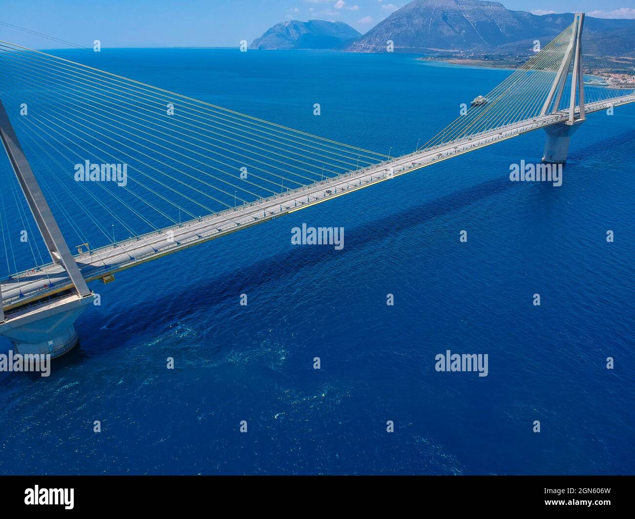Aerial view of Rio Antirrio or Charilaos Trikoupis Bridge near Patra ...