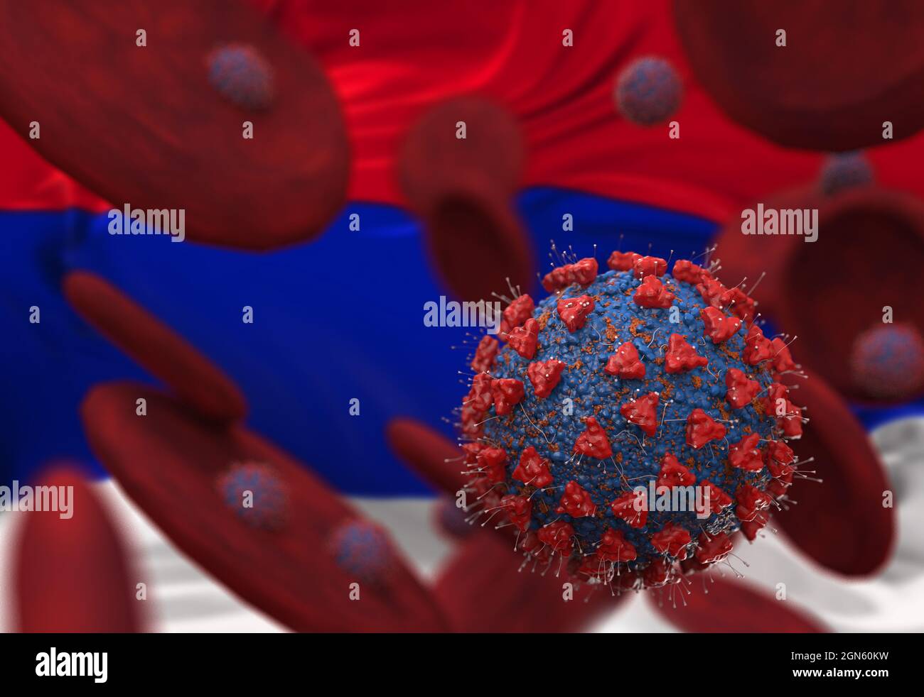 Virus and blood cells against flag of Republic of Srpska. 3d ...