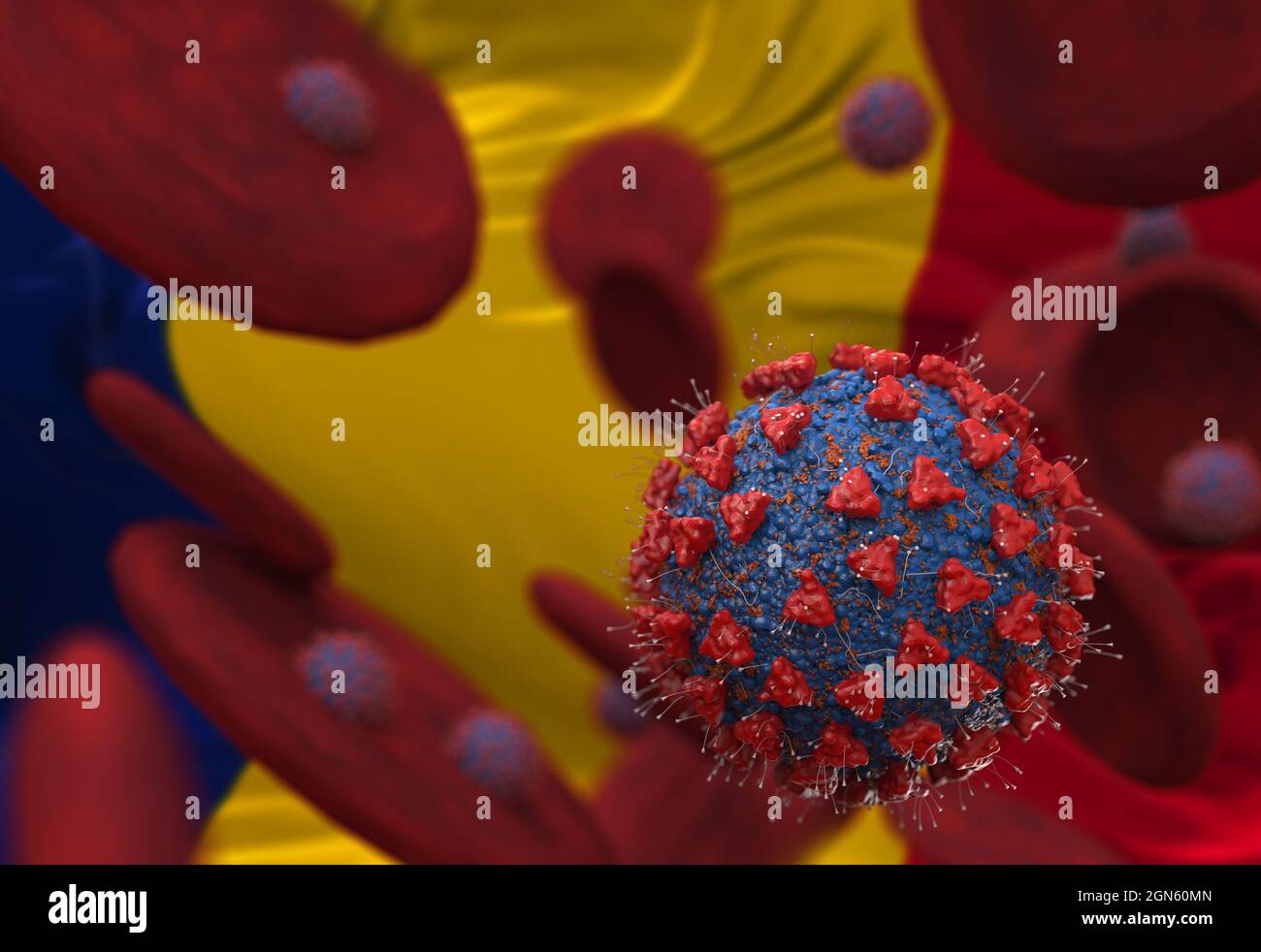 Virus and blood cells against flag of Romania. 3d illustration. viral ...