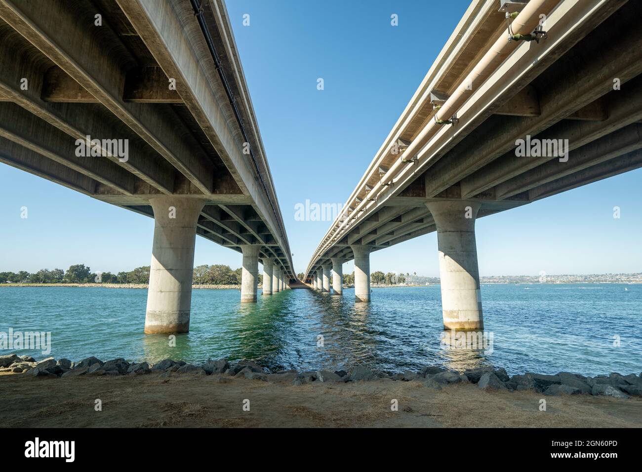 Parallel bridges over a river under a clear blue sky Stock Photo - Alamy