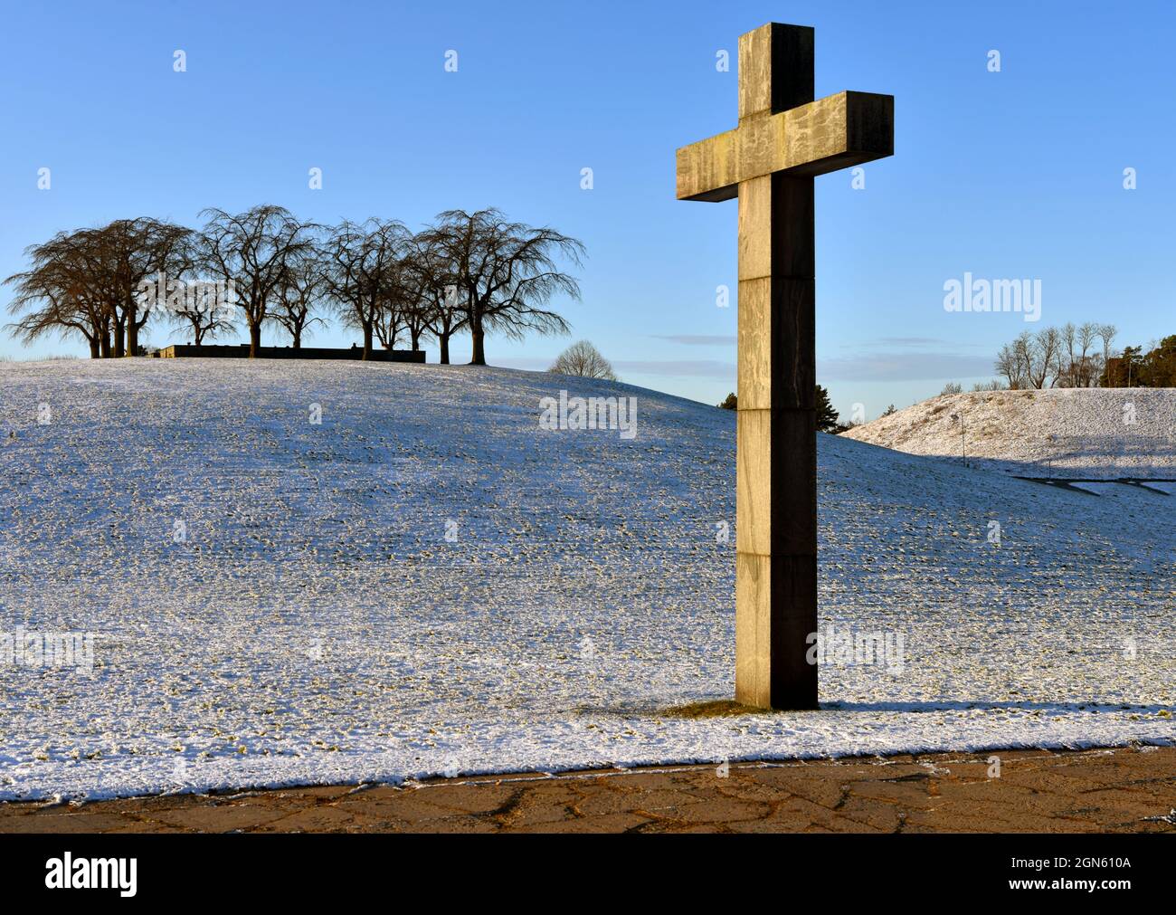 Shot of a stone cross at the Woodland Cemetery, Stockholm, Sweden Stock ...