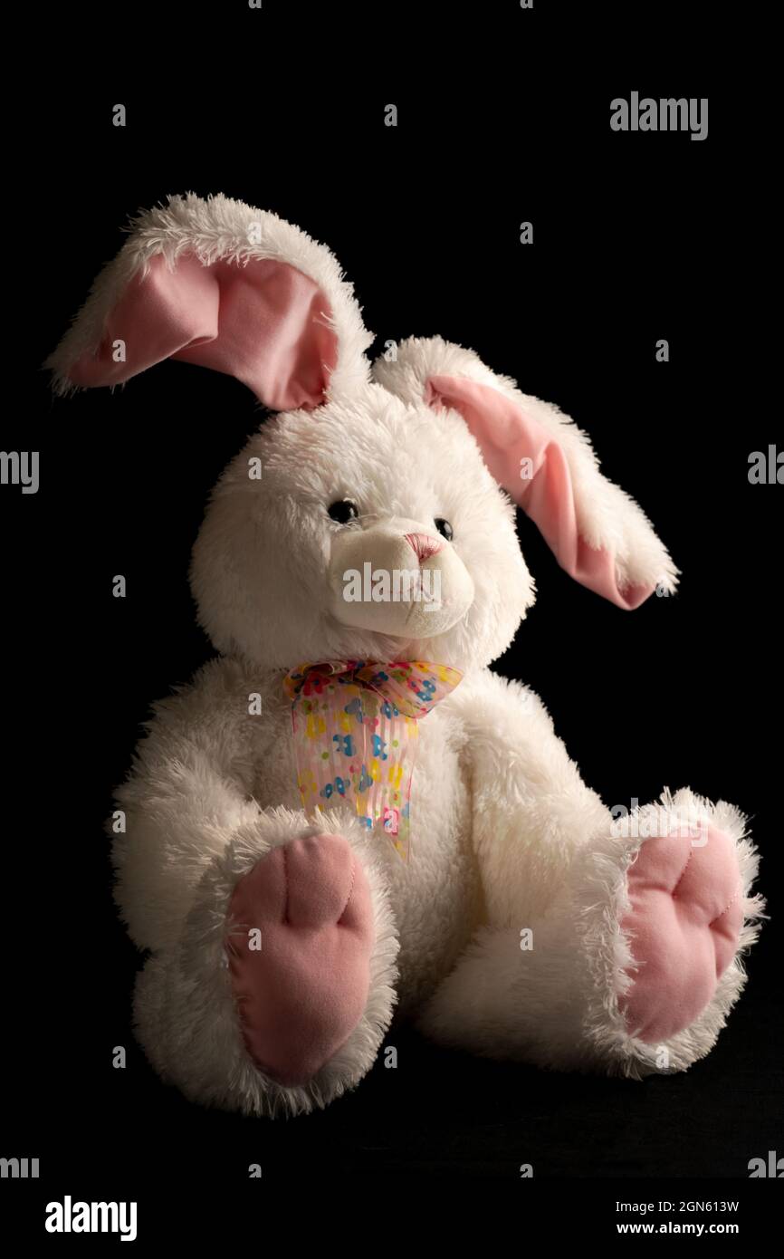 Low key lighting of a stuffed rabbit with lop-sided ears Stock Photo ...