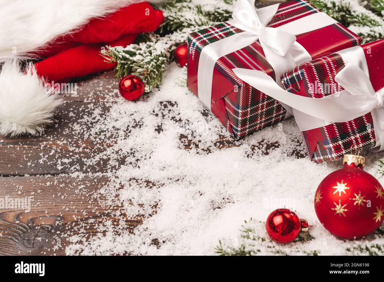 Wrapped gift for winter holidays background with copy space Stock Photo ...