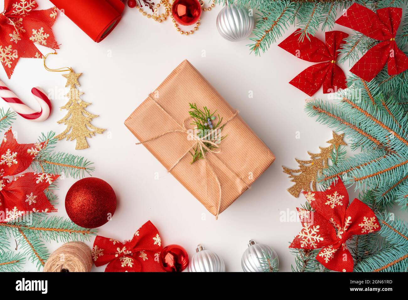 Workspace with merry christmas decorations composition flatlay Stock ...