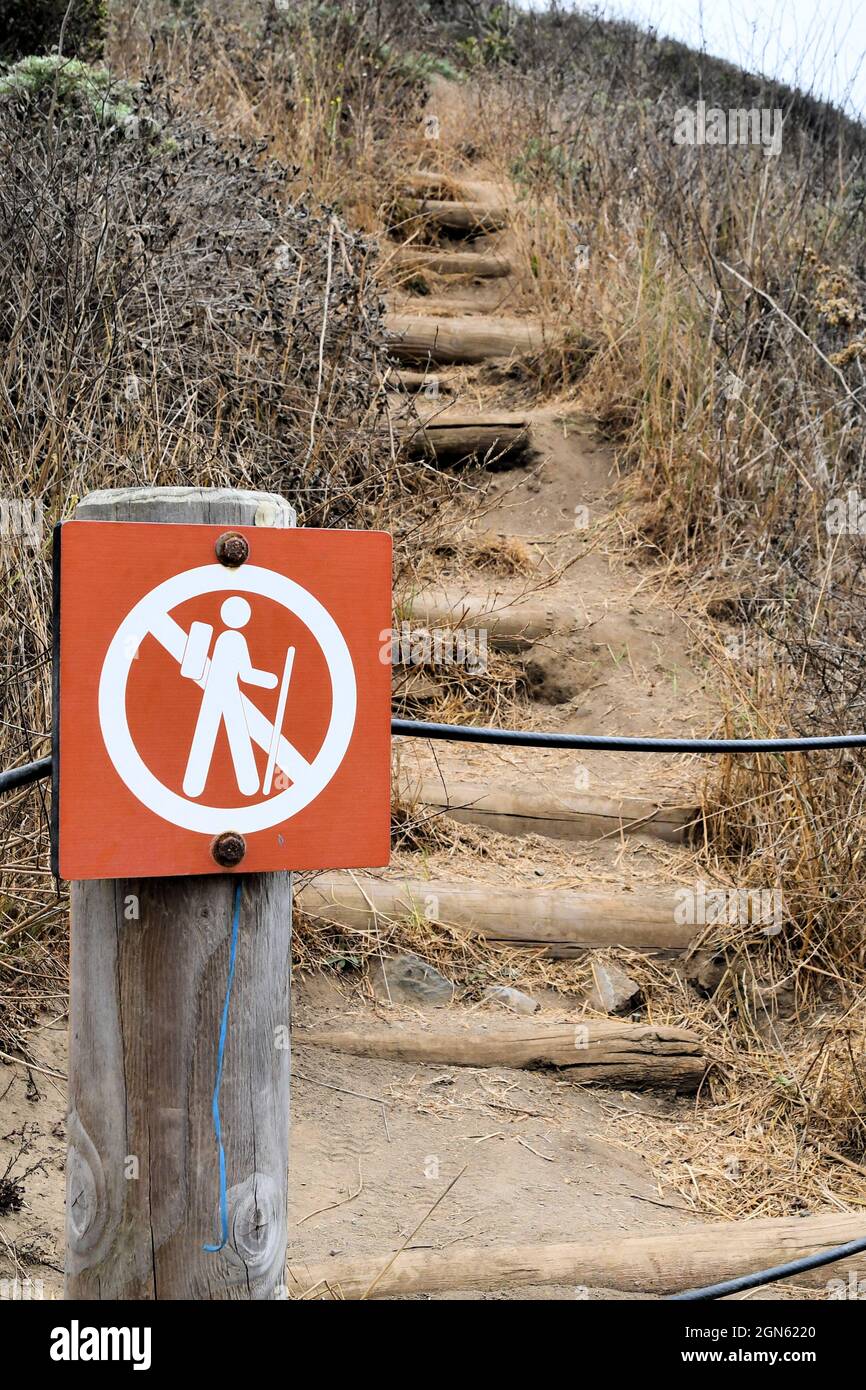 No hiking sign on a trail at Muir Beach in Marin County, California ...