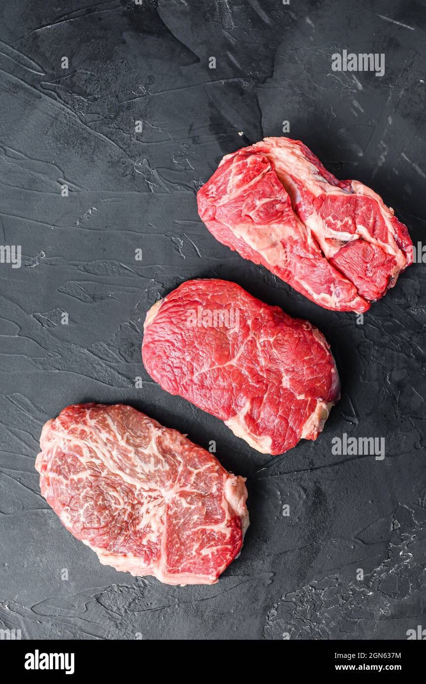Set of organic alternative cuts beef steaks, top blade, rump and chuck ...