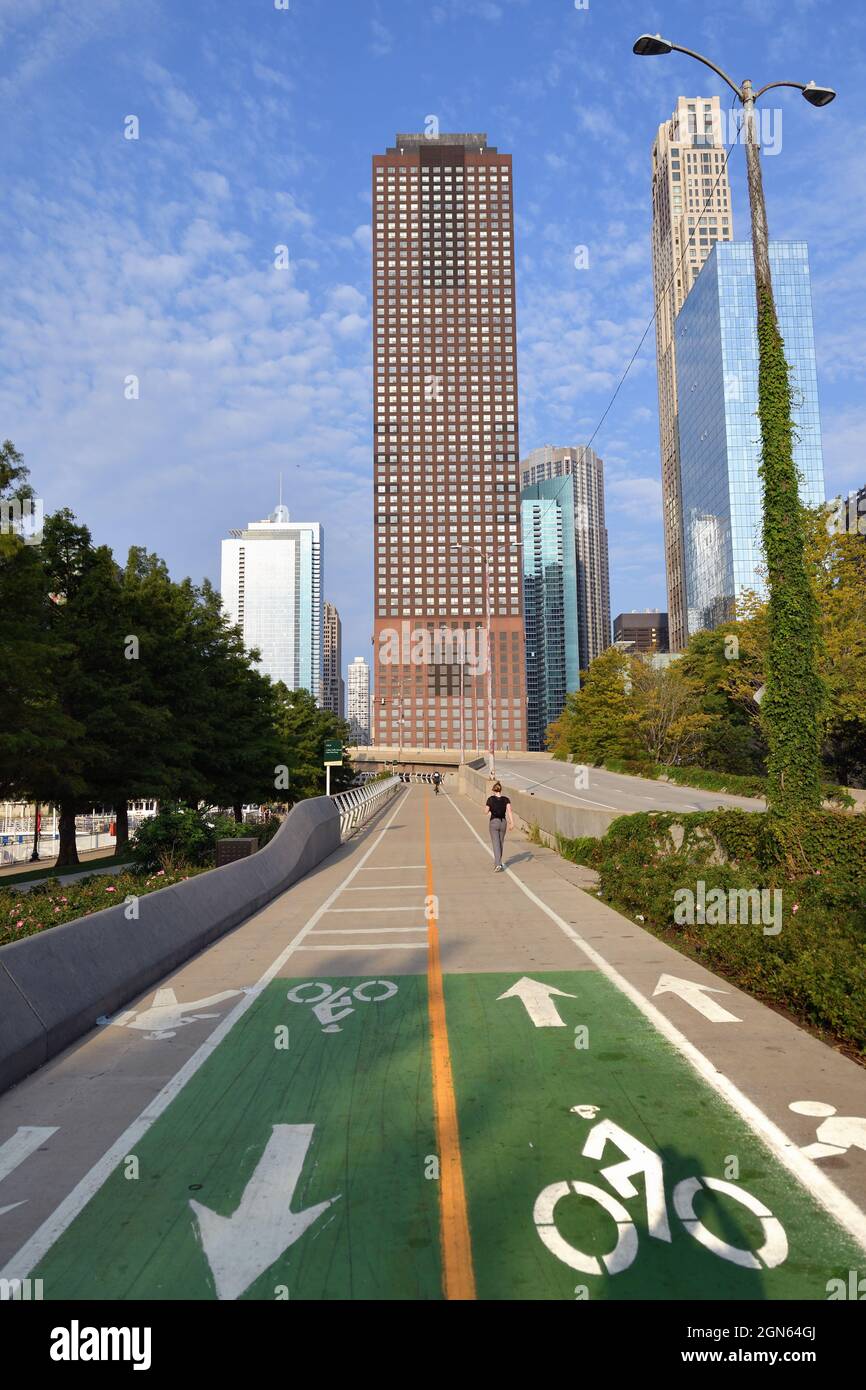 Chicago, Illinois, USA. Designated bicycle and pedestrian lanes on a ...