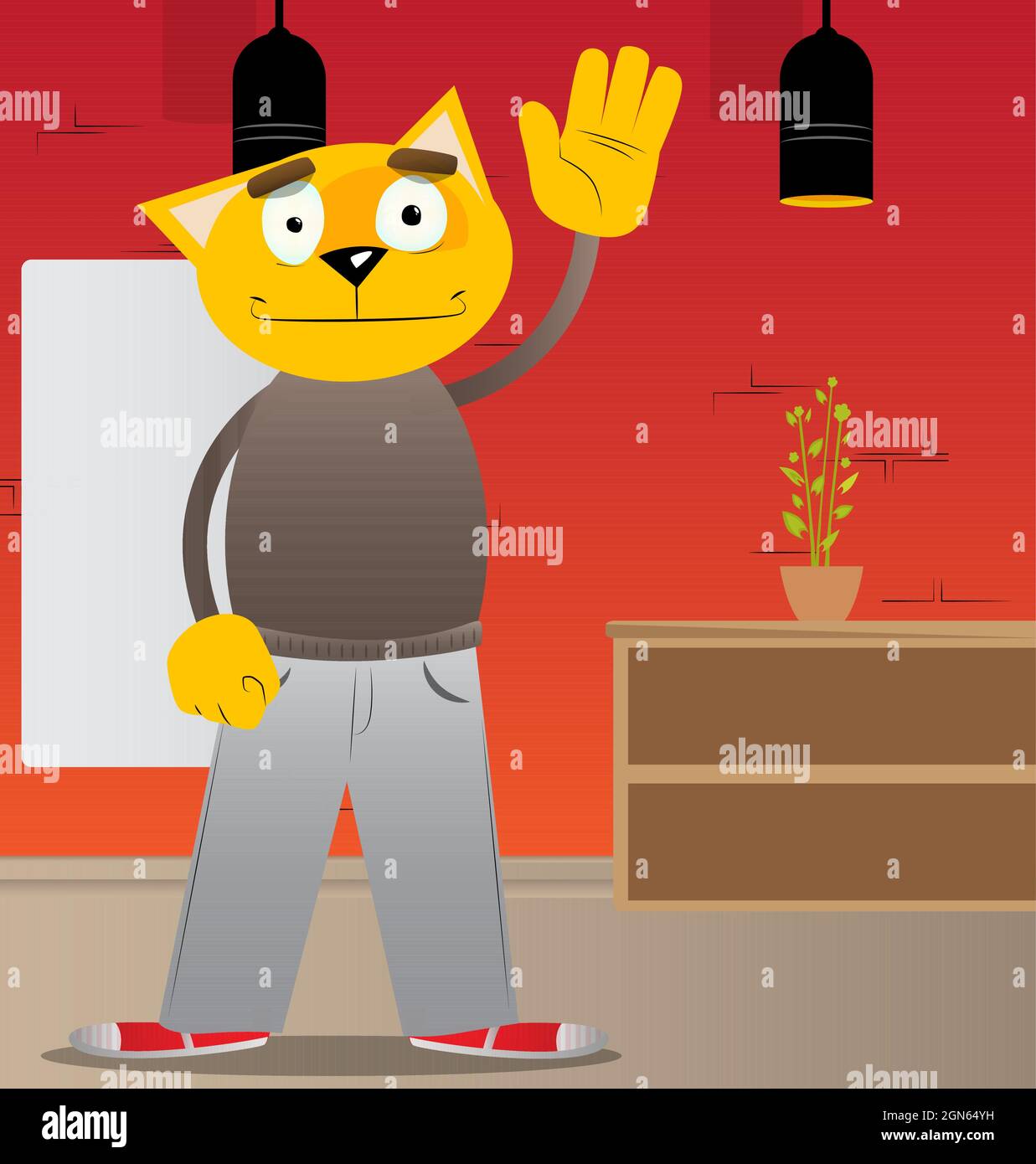 Funny cartoon cat with waving hand. Vector illustration. Cute orange ...