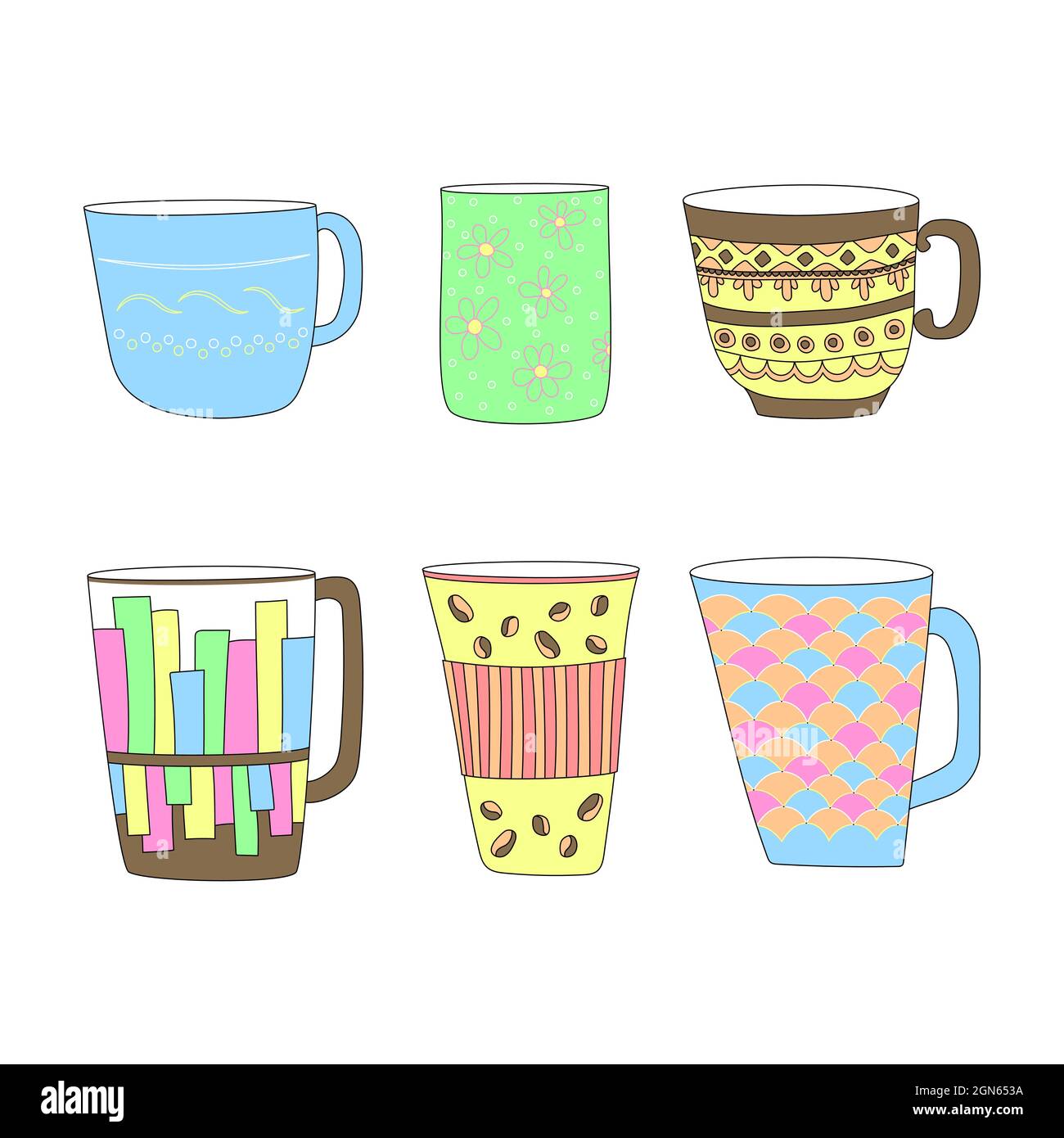 Set of cup and mug handdrawn design. Colorfull cup, glass for tea ...