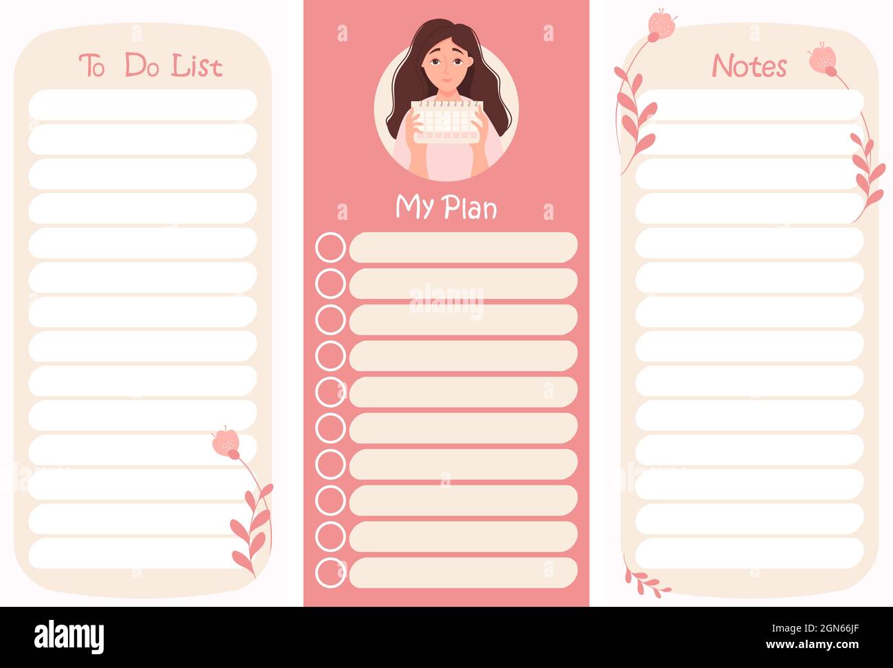 Set of To Do List and Notes. Planner organizer with cute girl with ...