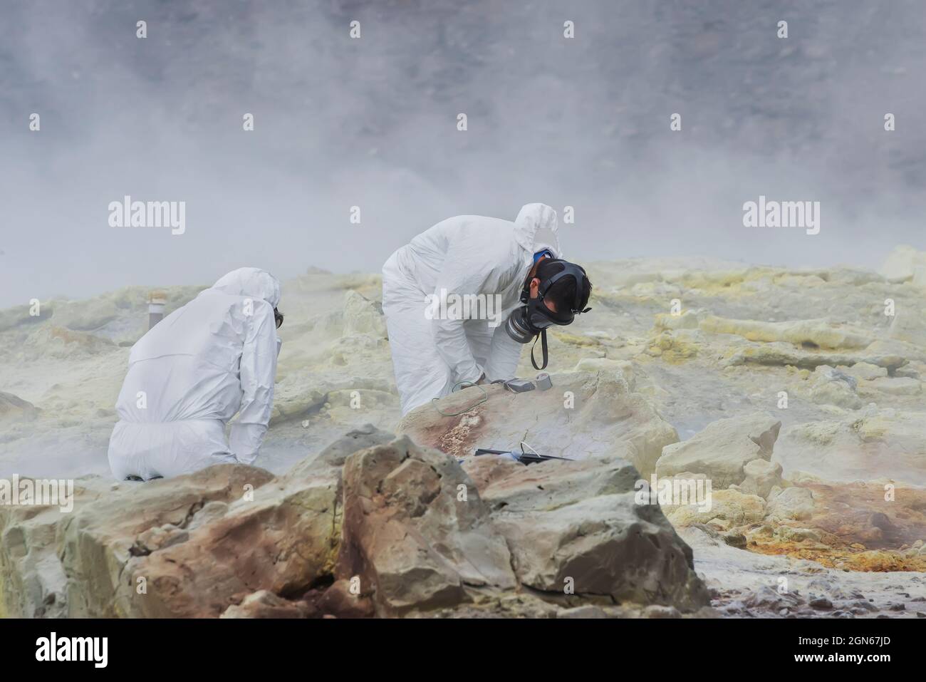Volcanologists collecting minerals samples on Gran Cratere, Vulcano ...