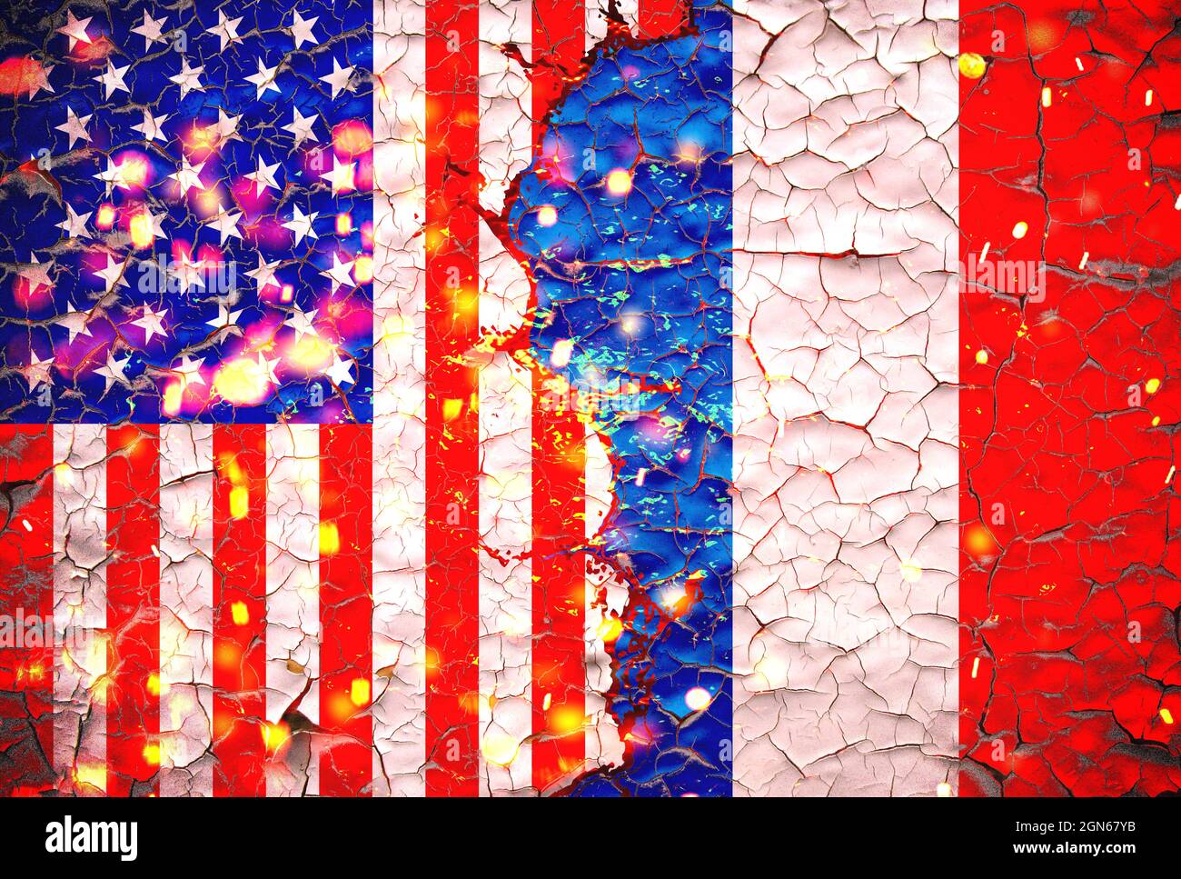 Grunge France VS us national flags icon pattern isolated on broken ...