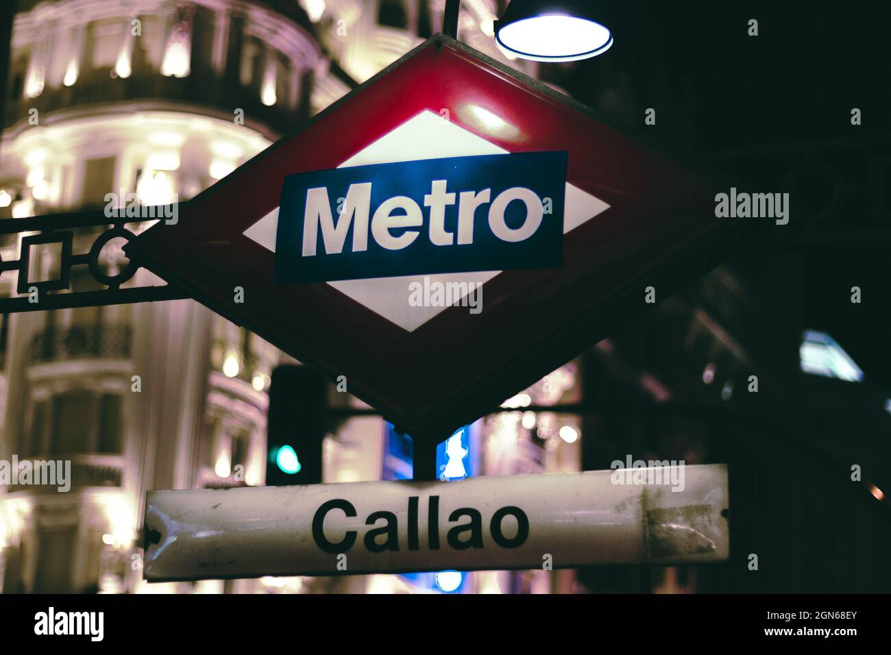 Closeup of Callao Metro Station in Madrid, Spain at night Stock Photo ...