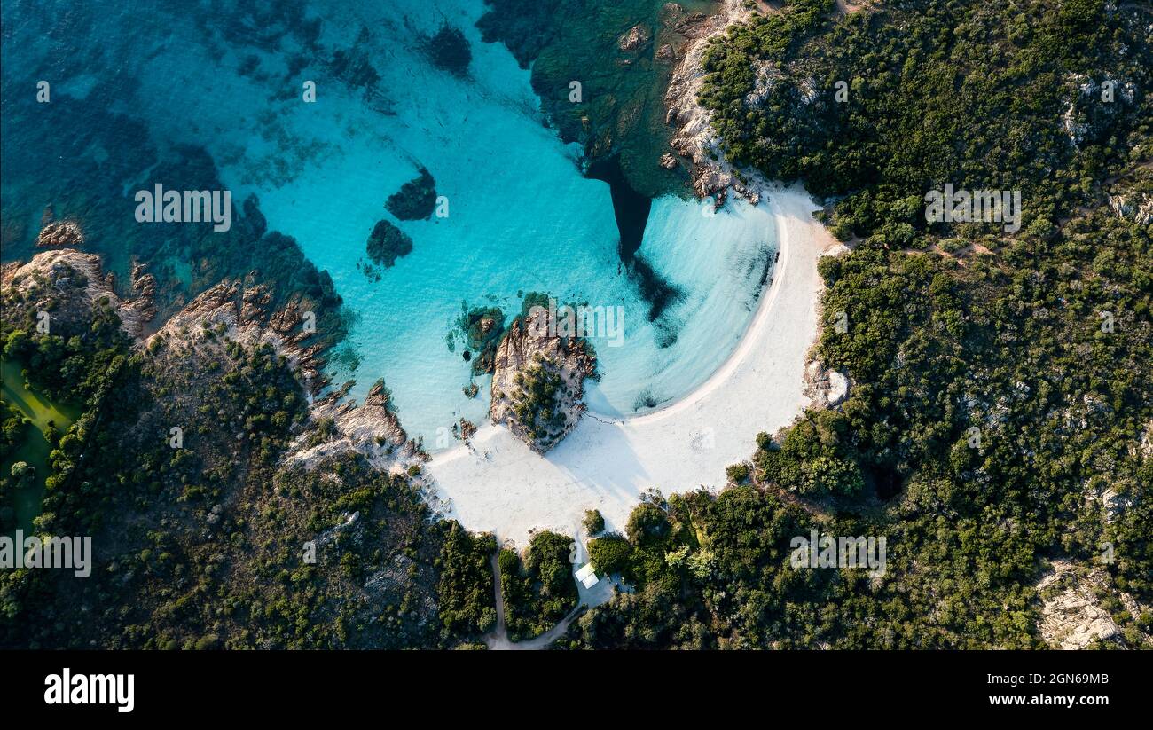 View from above, stunning aerial view of a green coast with the ...