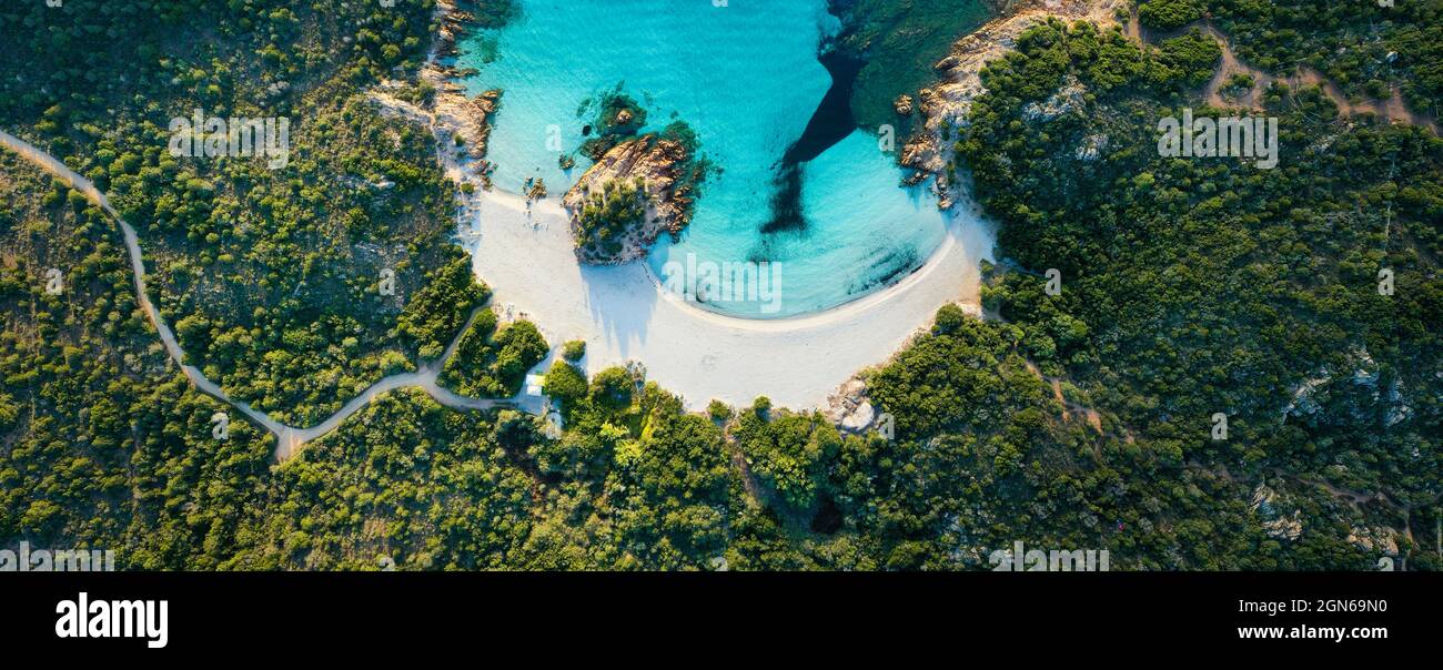 View from above, stunning aerial view of a green coast with the ...