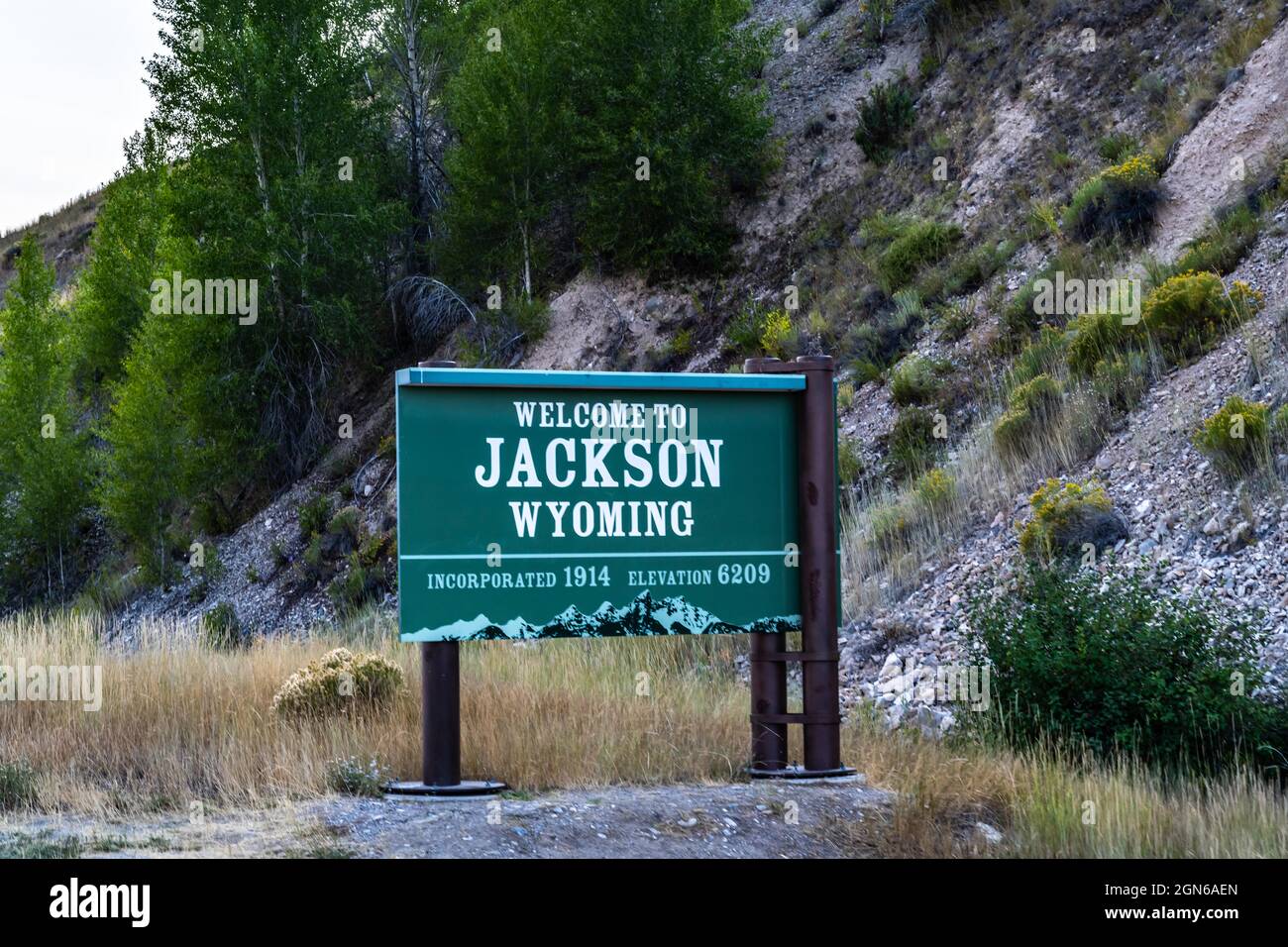 Jackson, WY, USA - Sept 5, 2020: A welcoming signboard at the entry ...