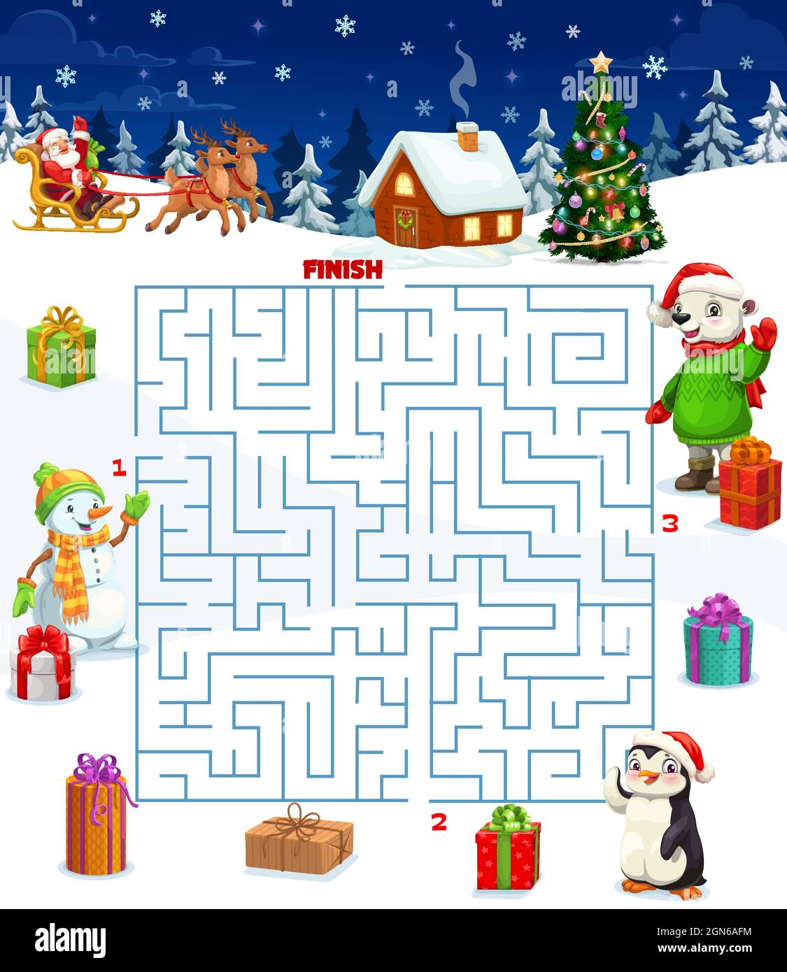 Christmas maze game with square labyrinth, cartoon vector Christmas ... Christmas maze game with square labyrinth, cartoon vector Christmas ...