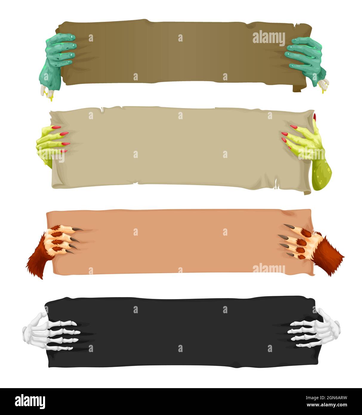 Cartoon scary hands with banners and scrolls, vampire, werewolf ...
