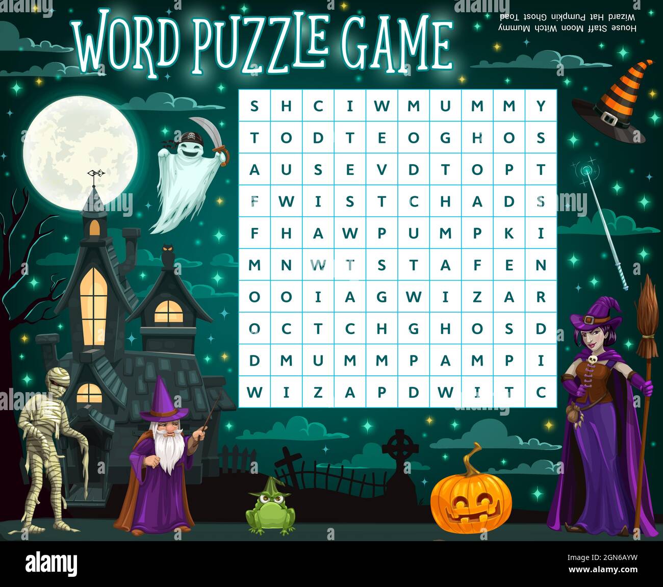 Halloween word puzzle worksheet with cartoon wizard, witch, mummy and ...