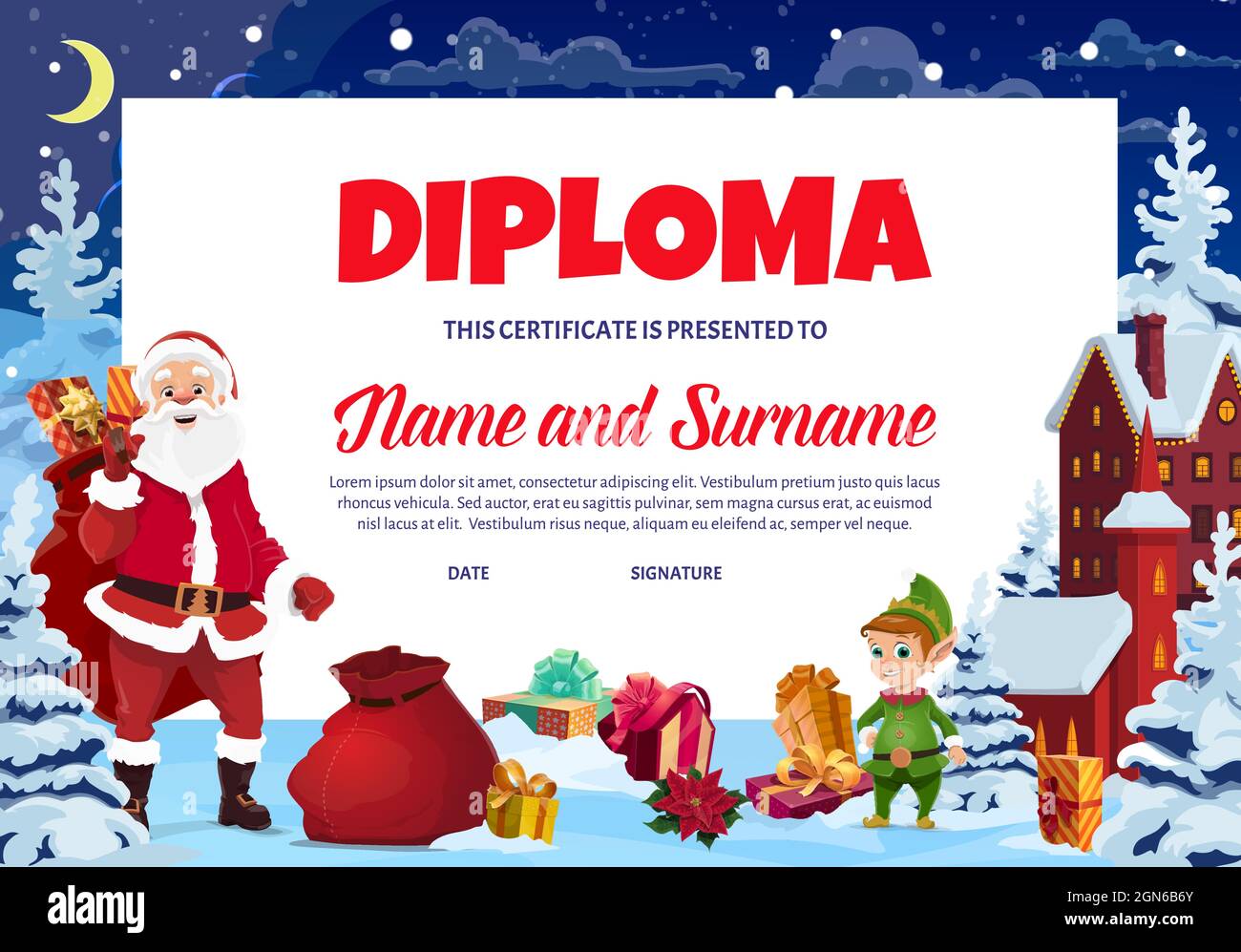 Christmas diploma for kids, child holiday certificate with Santa and ...