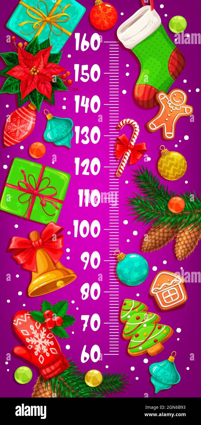 Christmas kids height chart with gifts, poinsettia, holly berry, pine ...
